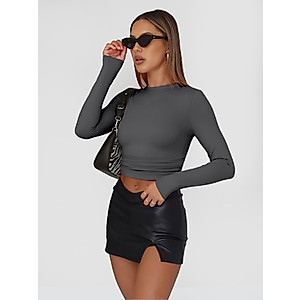 Trendy Queen Long Sleeve Shirts for Women Basic Spring Crop Tops Tight Slim Fit Cute Going Out Outfits Teen Girls Fall Winter Y2k Clothes 2024 Gray
