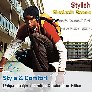 Qshell Winter Bluetooth Beanie Hat Warm Soft Knit Cap with Wireless Headphone Headset Earphone Stereo Speaker Microphone Hands Free for Outdoor Sport,Compatible with Iphone Android Cell Phones - Black