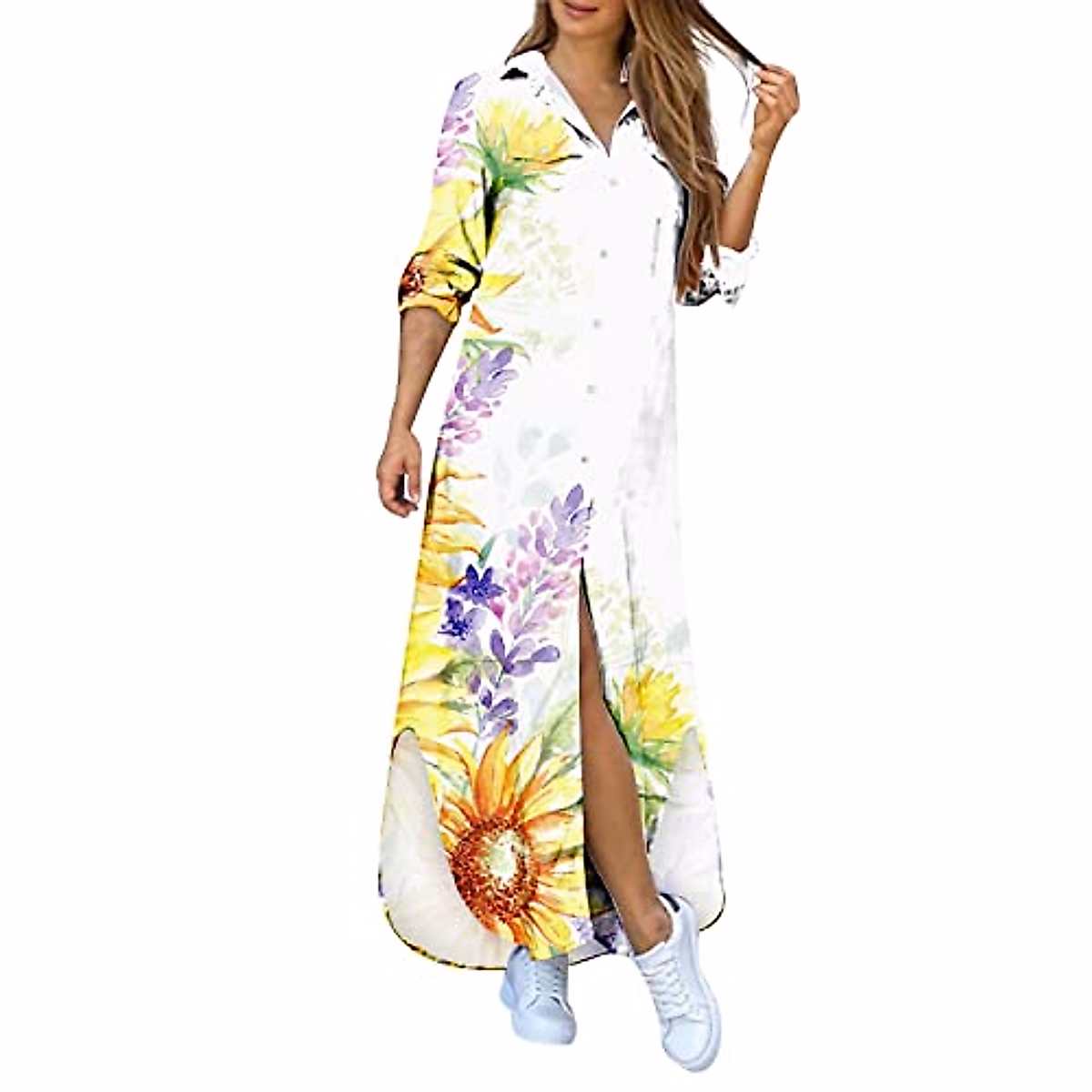 Wedding Guest Dresses for Women Betten Down Dresses Long Sleeve V Neck Sundress with Pockets Fashion Outdoor Mixi Yellow Large