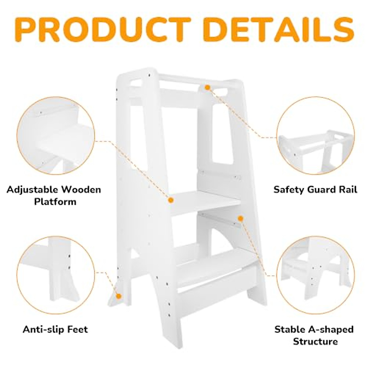 ZZBIQS Wooden Kitchen Toddler Step Stool Helper, Height Adjustable Learning Toddler Tower with Safety HandRail, Standing Tower Daycare Furniture for Kids (White)