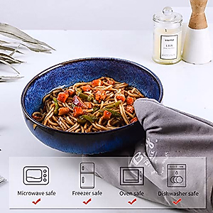 KOOV Ceramic Bowl, 46 OZ Pasta Bowls Set of 4, Large Salad Bowl Set, Large Bowl For Eating, Dinner Bowls, Stackable Serving Bowls, Reactive Glaze Series (Nebule Blue)