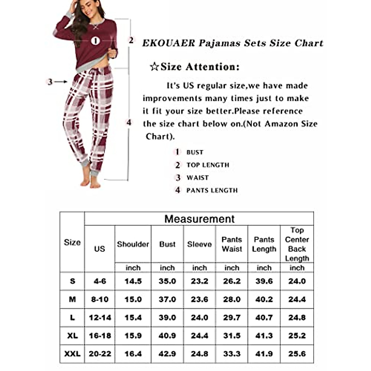 Ekouaer Women's Long Sleeve Pj Soft Crew Neck Pajama Long Sleeve Sweatshirt with Long Pants Red Plaid,Small