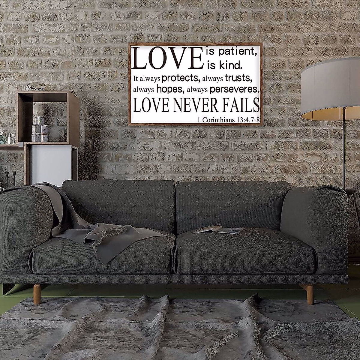 Wooden Framed Sign Wall Art Love is Patient is Kind. It Always Protects Always Trusts Always Hopes Always Perseveres. Love Never Fails 1 Corinthians 13:4.7-8 white-C15 33x55cm (13x22 Inch)