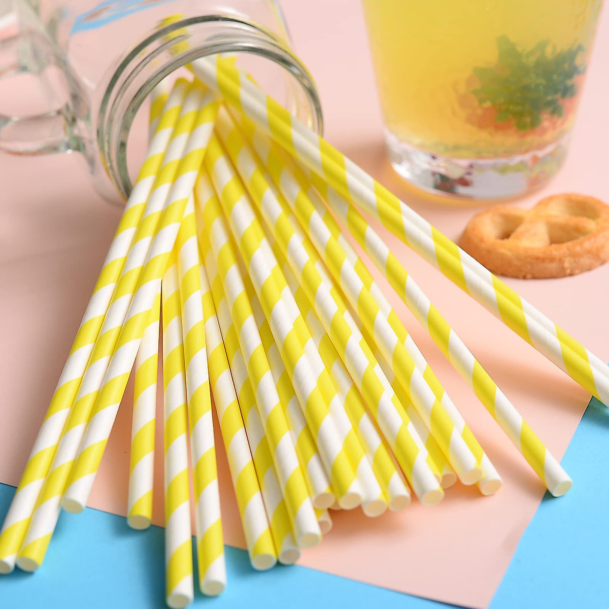 YAOSHENG Paper Straws for drinking, 100 Pack Yellow Striped paper straws for Party Supplies,Birthday,Wedding,Bridal/Baby Shower,Juice, shakes,Smoothies,cocktail