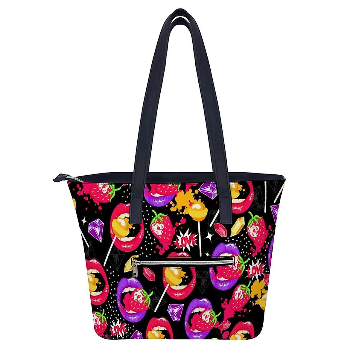 Lips Strawberry And Love Women's Tote Bag PU Leather Shoulder Bag Handbags Purse For Work Shopping Travel
