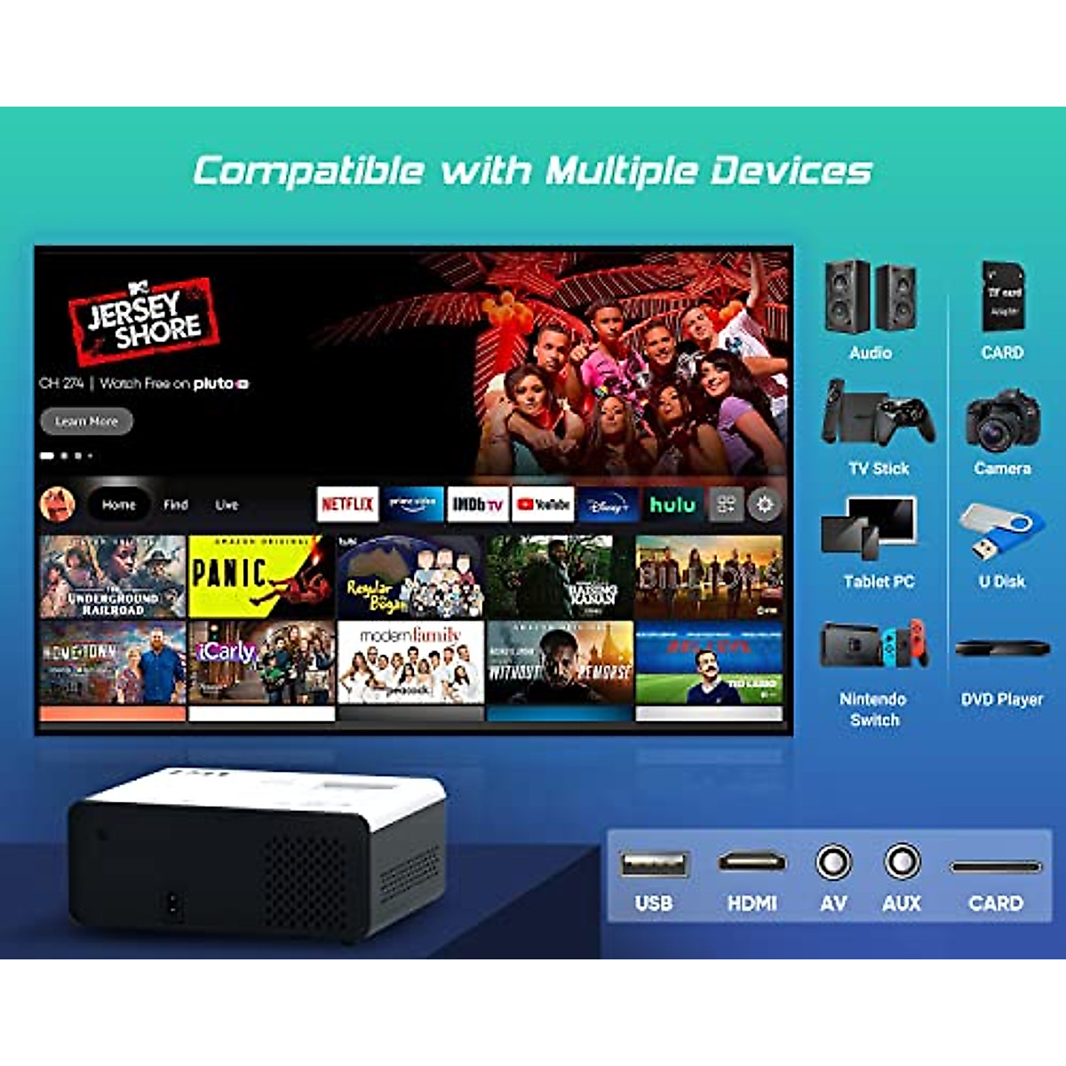 TMY Projector with WiFi and Bluetooth, Native 1080P 5G WiFi Outdoor Projector with 100" screen, 4K Supported Portable Projector, Compatible with iOS/Android/PC/TV Stick/HDMI/AV/USB, Indoor Outdoor Use