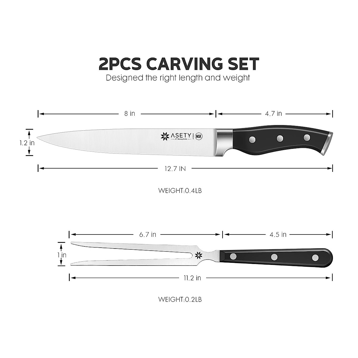 ASETY Carving Knife Set, High Carbon Stainless Steel Carving Knife and Fork Set, 2 PCS Carving Set for Turkey, Meat, BBQ, Brisket, NSF Food Safe, Full Tang Slicing Knife with Gift Box