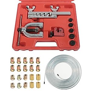 YAKEFLY 25 ft 3/16 Copper Coated Brake Line Kit with 16 Fittings and 4 Unions Brake Line Fittings,Brake Line Double & Single Flaring Tool Kit,Fits for Most Hydraulic Braking Systems (Silver)