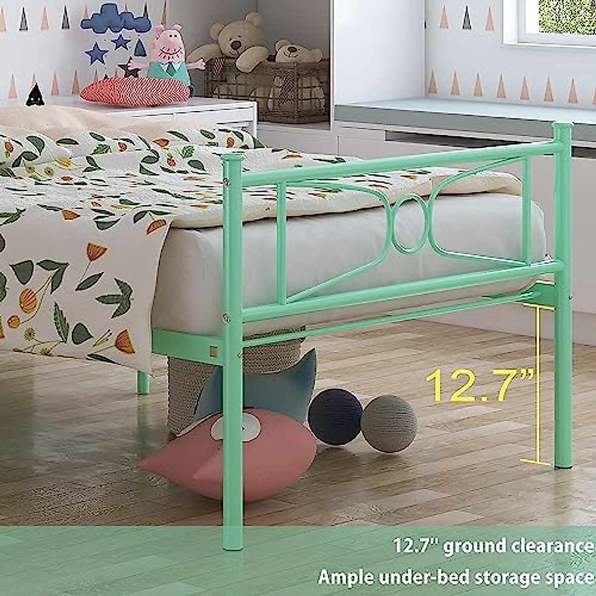 Twin Bed Frames with Storage for Girls Twin Beds for K'ids Metal Platform Bed Frame/Mattress Foundation/No Box Spring Needed/Steel Slat Support, Green