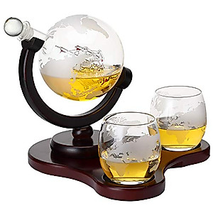 Verolux Whiskey Globe Decanter Set with 2 Etched Glasses in Gift Box - Birthday gifts for men and women - Home Bar Accessories for Bourbon, Scotch, Liquor, Whisky, Gin, Rum, Tequila, Vodka and Brandy