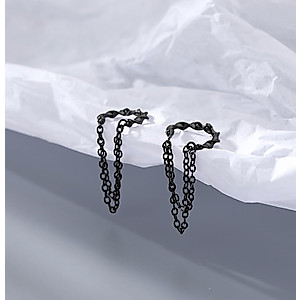 Reffeer Solid 925 Sterling Silver Cuff Earrings Chain Cartilage Wraps for Women Minimalist Cuff Earrings No Piercing (C-Black Gold)