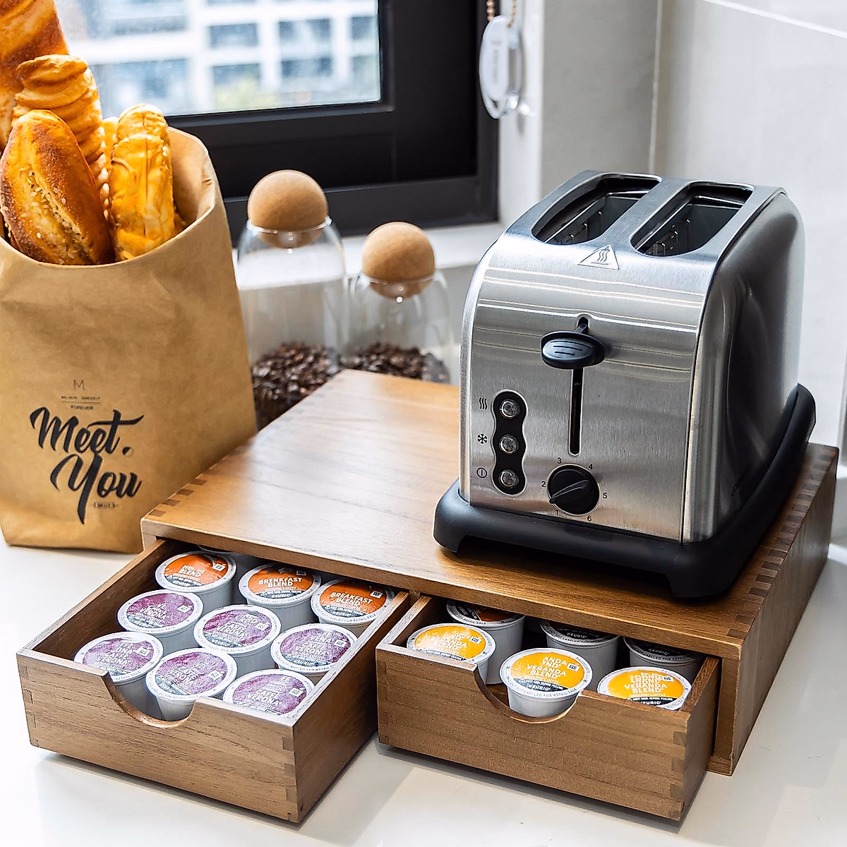 Wooden K Cup Organizer Coffee Pod Storage Box, Coffee Pods and Tea Organizer Holder, K Pod Drawer Coffee Maker Machine Stand, Organizador De Cafe, Kcup Drawer Organizer Under Brewer, 30 Pod Capacity