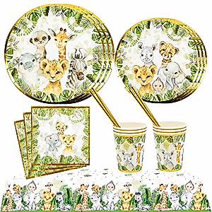 121Pc Jungle Safari Theme Baby Shower Decorations, Birthday Party Supplies For Boy & Girl -Tablecloth, Paper Plates Napkins Straws & Cups of Wild Animal Elephant Lion Giraffe Tableware Set Serves 24