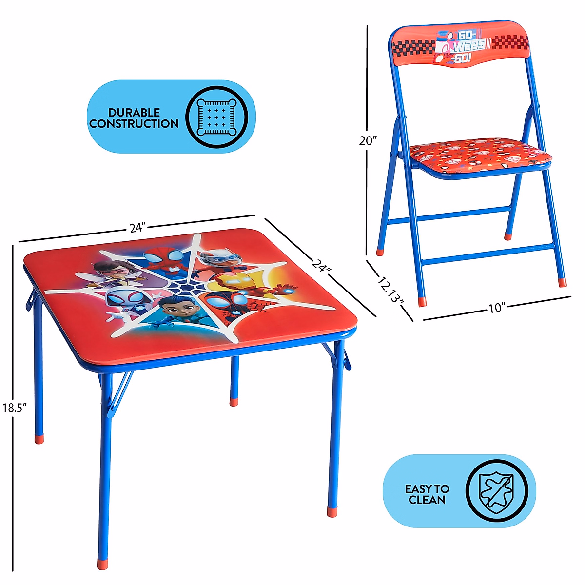 Idea Nuova Marvel Spidey and His Amazing Friends 3 Piece Children's Activity Square Table and 2 Folding Chairs Set, Ages 3+