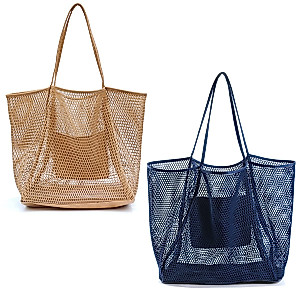 Mesh Beach Tote Womens Shoulder Handbag (Tan, Navy)
