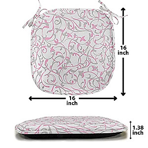 Lunarable Grey Chair Seating Cushion Set of 6, Abstract Ornate Flourish Curly Leaves with Medieval Victorian Influences, Anti-Slip Seat Padding for Kitchen & Patio, 16"x16", Pink Grey Pale Grey