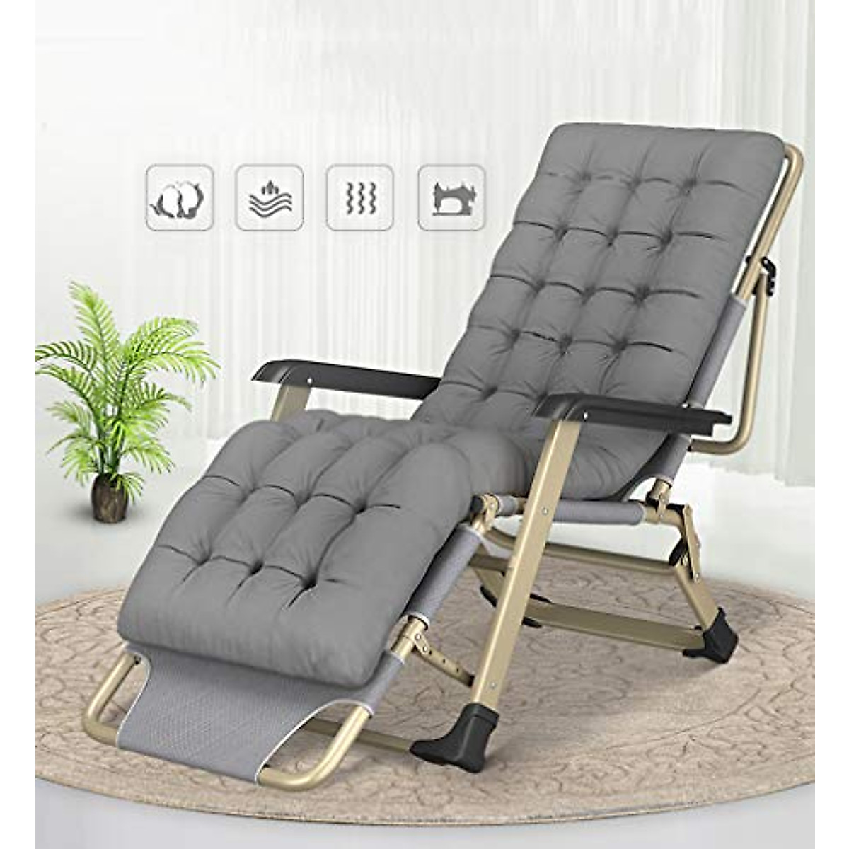 Oversize XL Reclining Chair Folding Zero Gravity Lounge Chair Deck Chairs Cotton Cushion for Garden Outdoor Patio Sun Loungers Bed Recliner Loading up to 300kg with Head Pillow in Gray