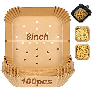 BYKITCHEN Square Air Fryer Liners for 2 to 5 Qt, Set of 100, 8 Inch Perforated Square Air Fryer Parchment Paper, Air Fryer Filters for Basket, Compatible with Corsori, Instant Vortex, Dash and More