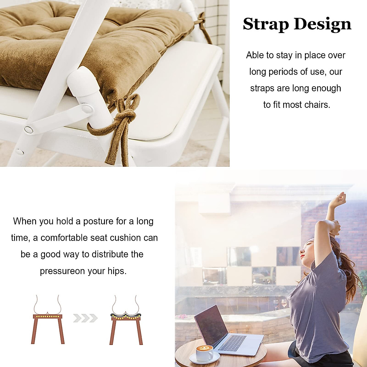 Set of 4 Square Chair Pads Indoor Seat Cushions Pillows with Ties Soft Comfortable Non Slip Chair Mat for Kitchen Dining Office Desk Living Room Outdoor Tatami 15.5" - Khaki