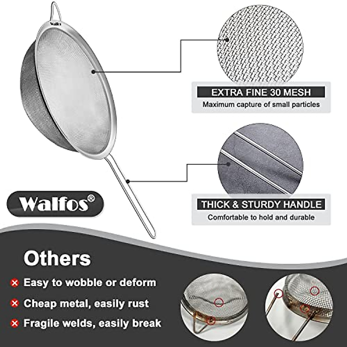 Fine Mesh Strainer Set of 3, Stainless Steel Wire Strainers for Kitchen, Multipurpose Metal Fine Sieve with Handle, Perfect for Food, Rice, Quinoa, 3", 5", 7"