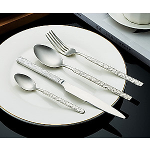 90-Piece Hammered Silverware Flatware Set for 18,Premium 18/10 Food-Grade Stainless Steel Tableware Utensil Cutlery Sets for Restaurant Hotel Family Gatherings Daily Use, Mirror Polished