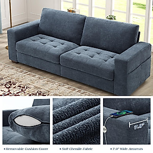 WorthFurni 89 Inch Sofa Couch, Modern 3 Seater Couch with Removable Covers and USB Ports, Large Chenille Comfy Sofa for Living Room, Oversized Loveseat Sofa for Apartment(Blue)