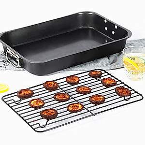 Nonstick Small Roaster Pan with Flat Rack Chicken Turkey Roaster Tray Oven Baking Cake Bread Pans Cooking Lasagna with Stainless Steel Handles,11-Inch x 15-Inch