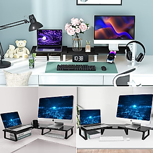 Aothia Desk Dual Monitor Stand Riser - Computer Stand For Desktop Monitor, Desk Shelf For Monitor, Wood Monitor Stand With Adjustable Length And Angle, Desktop Organizer, Large Monitor Stand (Black)