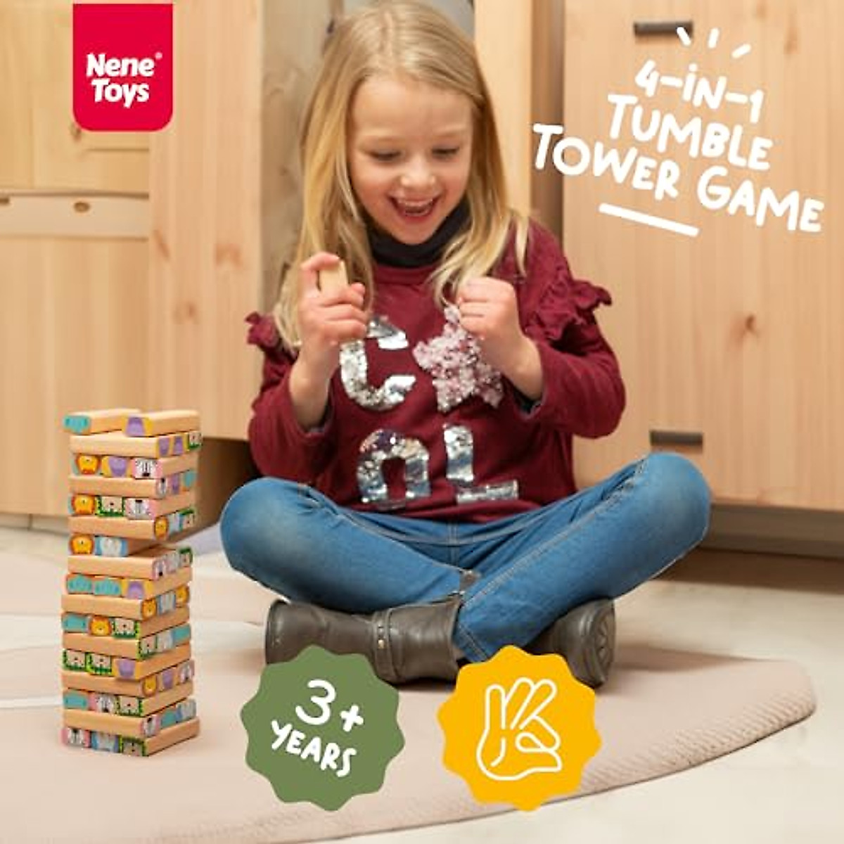 Nene Toys Wooden Block Stacking Game – 4-in-1 Tumble Tower Family Board Game with Building Blocks, Cards and Dice – African Safari Educational Wooden Toy for Kids 3-9 Years Old About Animals