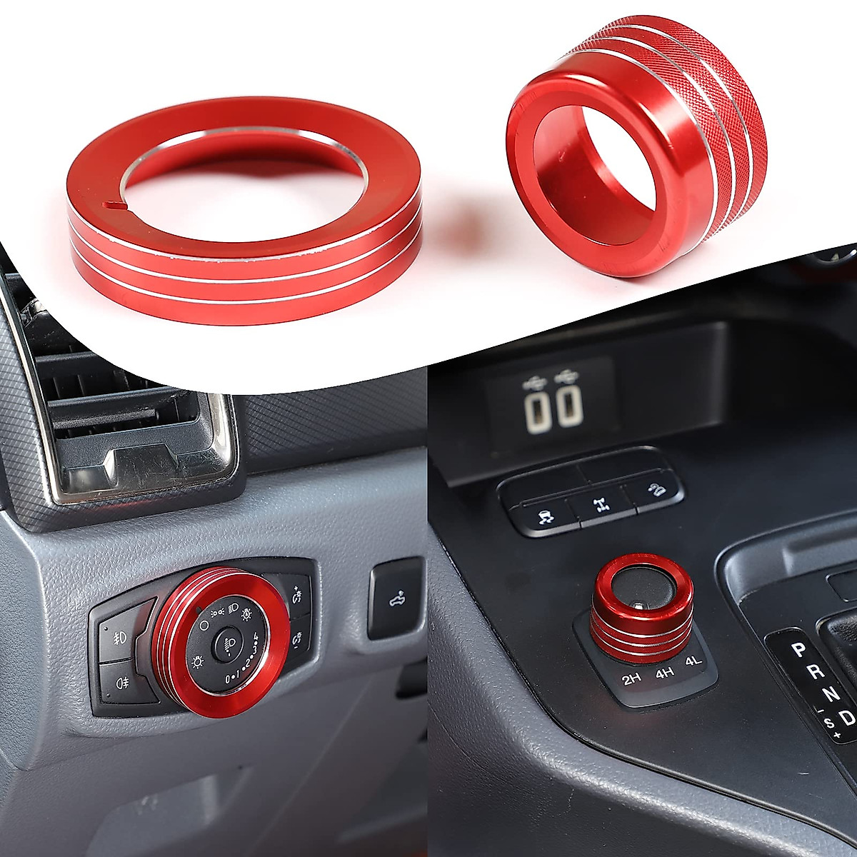 Lcojicep Car Headlight Switch/4WD Knob Ring Ring Cover Trim Compatible with Ford Ranger 2015-2021 Aluminum Alloy Central Control Switch knob Ring Cover Decoration (red)