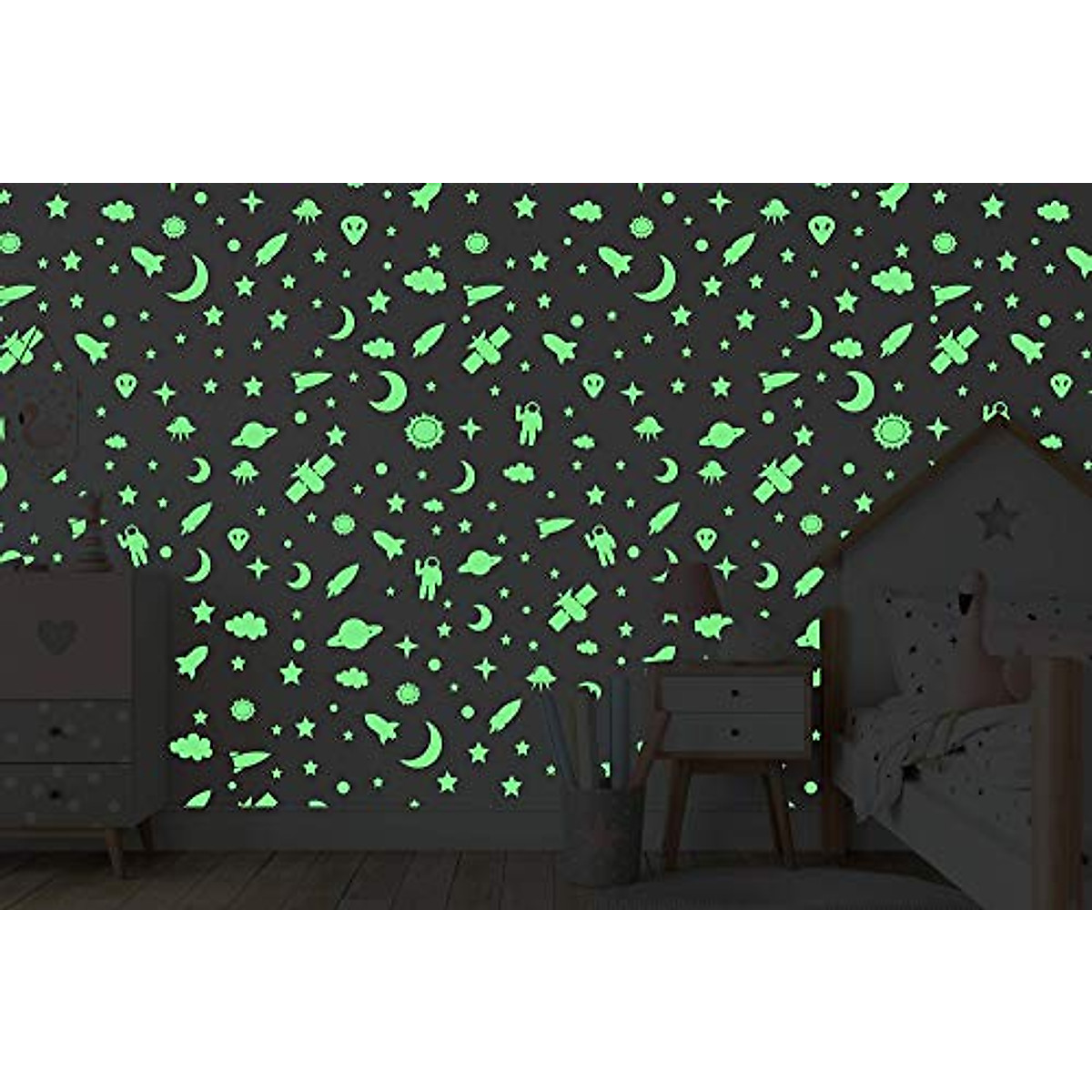 Glow in The Dark Stars, Moon and Space Wall Decals for Kids Bedrooms Nursery Baby Room Kids Room – Stylish Glow in The Dark Decals for Wall and Ceiling Decoration Featuring Stars, Moon and Planets