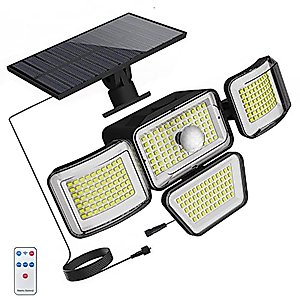 NUNET Solar Motion Sensor Lights Outdoor 278 LEDs PIR Security Solar Flood Lights w.Detachable 1.5W Solar Panel 3 Modes Remote IP65 Waterproof 4 Heads 270°Angle Wall Lamp for Shed Yard(1 Pack)