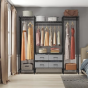 VIPEK V20 Wire Garment Rack Heavy Duty Clothes Rack, Metal Clothing Rack with 6 Shelves, 3 Hang Rods & 4 Fabric Drawers, Compact Freestanding Closet Wardrobe, 56.7" L x 14.6" W x 70.9" H, Black