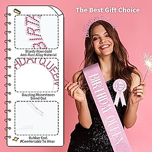 Birthday Crowns for Women, Pink Birthday queen Sash & Rose Gold Women's Birthday Hair Bands and Birthday Corsage Set, Queen Rhinestone Birthday queen Headband Birthday Gifts for Women, Sweet Happy Birthday Accessories (birthday queen Pink)