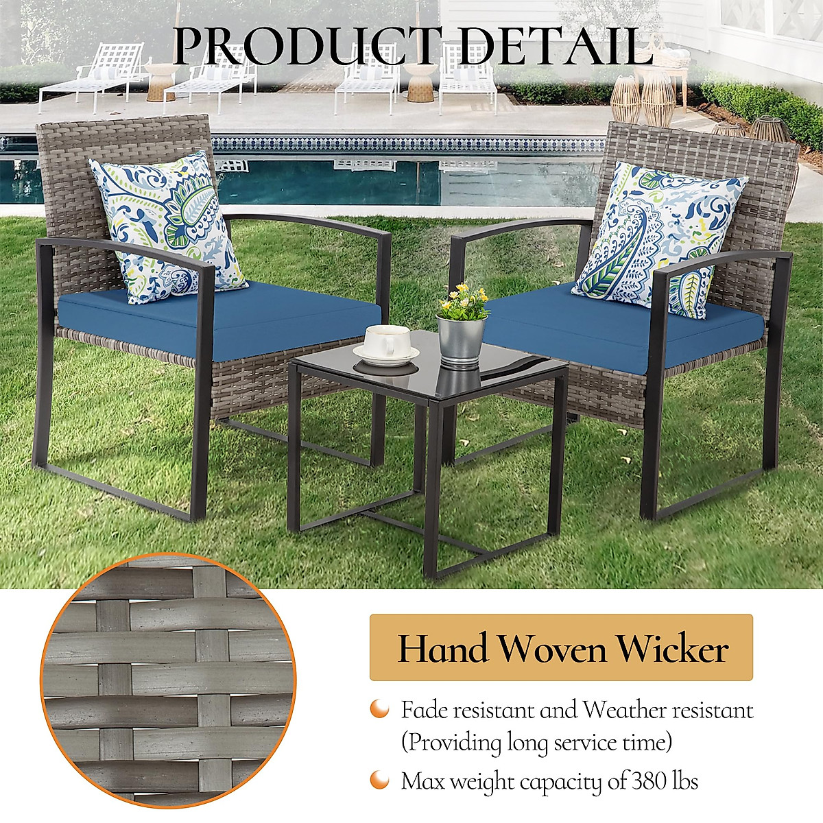 Seogwisam 3 Pieces Patio Furniture Set, Outdoor Wicker Conversation Bistro Set w/ 2 Chairs, 2 Cushions, Glass Coffee Table for Garden Balcony Backyard Porch Lawn - Grey Wicker & Blue Cushions