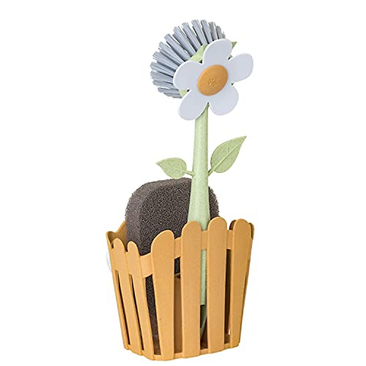 Vigar Florganic 3-piece Sink Caddy Set, Eco-friendly Daisy-shaped Dish Brush, Sponge and Fence-shaped Holder with Suction Cup, Orange