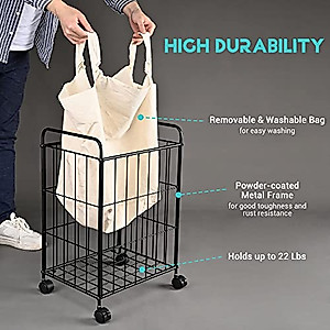 Aquaterior Laundry Hamper Basket with Rolling Lockable Wheels Clothes Storage Bin Rolling Cart Industrial Style Small Space for Home Bathroom 15.56"L x 11.81"W x 23.63"H