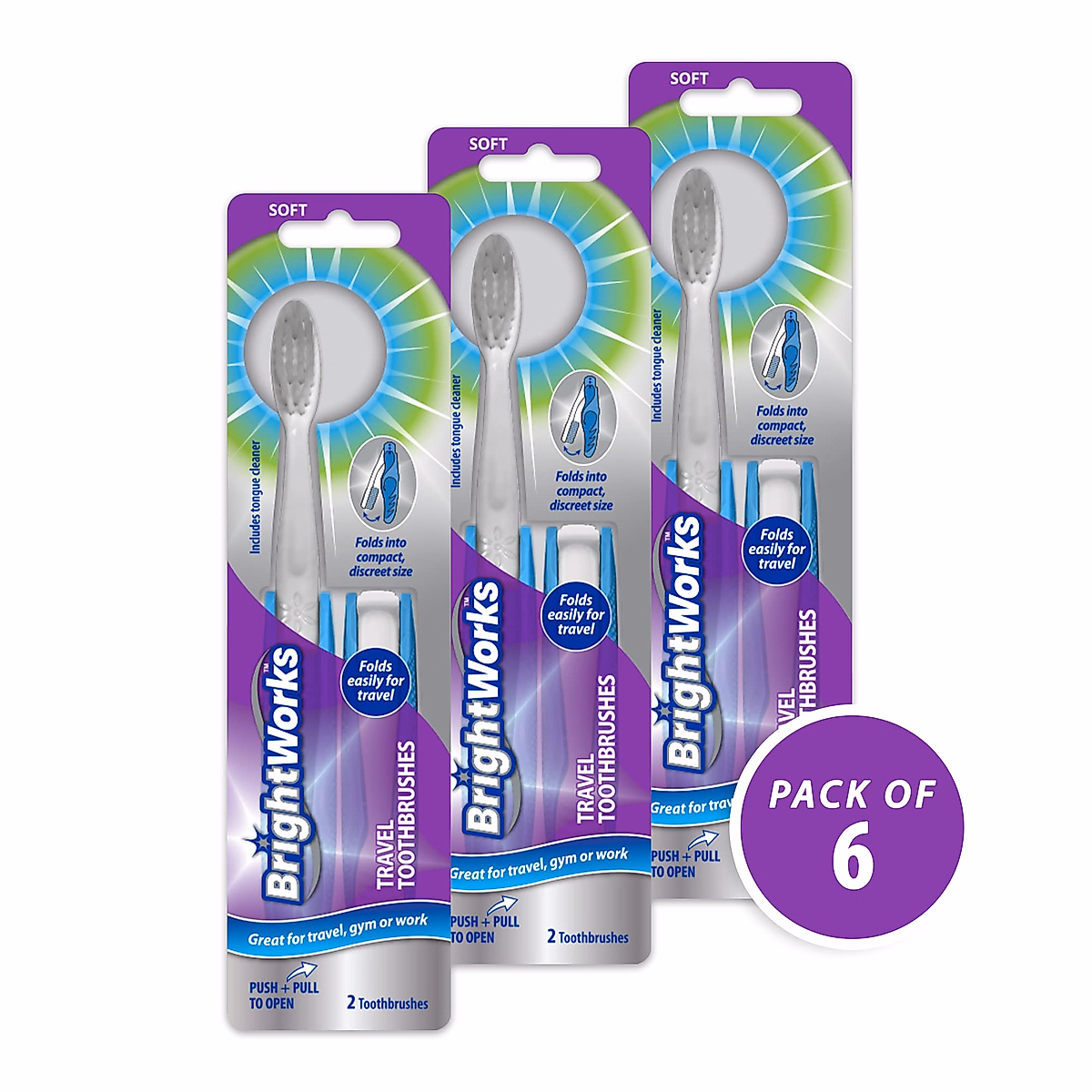 BrightWorks Folding Travel Toothbrush (6 Total, 3 Sets of 2) with Built-in Cover. Portable with Soft Bristles and Tongue Cleaner. for Camping, Hiking, Travel, Work, Gym, Purse, Backpack.