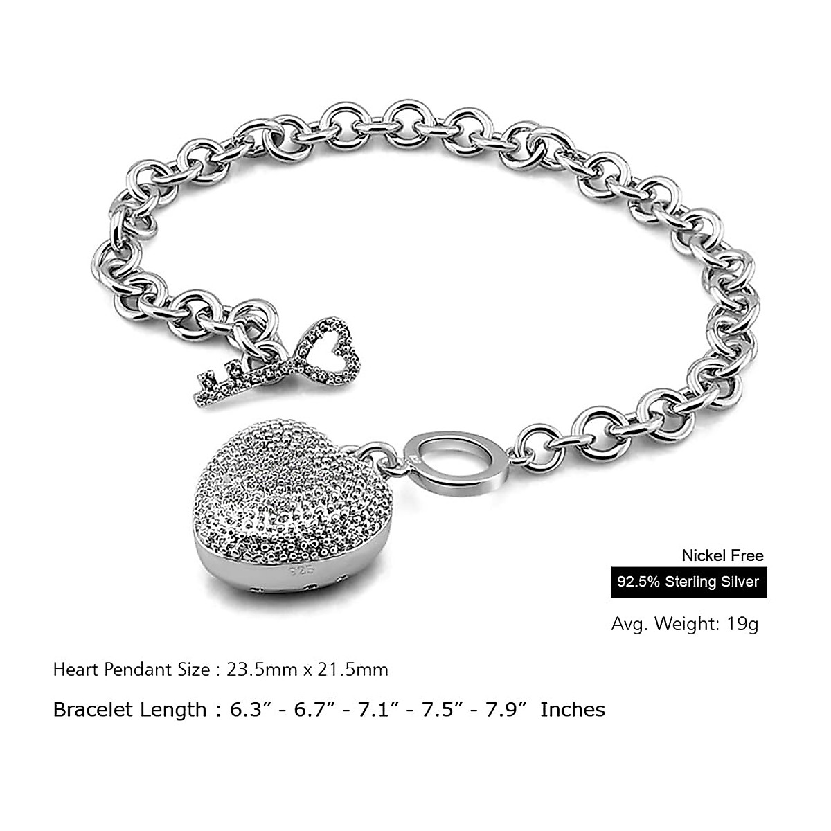 Meilanduo Solid 925 Sterling Silver Rolo Chain Link Bracelet with Key Heart Pendant ALL SIZE for Women (6.3)