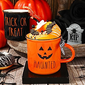 Whaline 6Pcs Halloween Mini Mugs with Plaid Ribbon Pumpkin Bat Mini Coffee Mug Halloween Party Cups for Table Centerpieces Tiered Tray Decor Gifts