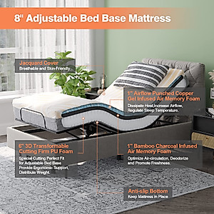 KOMFOTT 8 Inch Adjustable Bed Mattress Twin XL, 3D Transformable Cutting Mattress with Copper Gel Infused Air Memory Foam & Bamboo Charcoal Memory Foam, Mattress in a Box with CertiPUR-US Certified