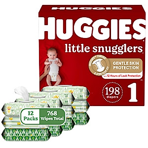 Huggies Little Snugglers Diapers & Wipes Bundle: Huggies Little Snugglers Size 1 Baby Diaper, 198ct & Huggies Natural Care Sensitive Wipes, Unscented, 12 Packs (768 Wipes Total) (Packaging May Vary)