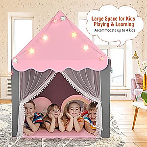 Costzon Kids Play Tent, Playhouse Tent w/Washable Cotton Mat, Star String Lights, Windows, Bottom Zippers, Large Indoor & Outdoor Castle Fairy Tent, Easy Assembly, Gifts for Boys & Girls (Pink)