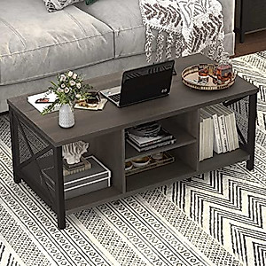 FATORRI Industrial TV Stand, Coffee Table and End Table with Charging Station for Living Room (Walnut Brown)