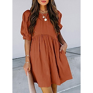 Dokotoo Womens Dress Summer Cute Simple Tunic Dress Crew Neck Lantern Sleeve Work Spring Casual Loose Mini Short Skater Ruched Dress with Pockets Orange Small