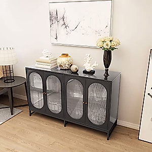 FOKWE Modern Accent Sideboard Cabinet with Glass Doors, Freestanding Storage Cupboard Console Table for Kitchen Dining Living Room Hallway Office,Black