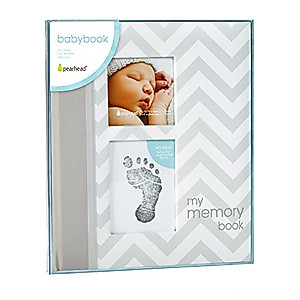 Pearhead Baby Memory Book, First 5 Years Baby Milestone Book, Pregnancy Journal, Newborn Baby Girl or Baby Boy Keepsake, With Clean-Touch Ink Pad For Baby's Handprint or Footprint, Gray Chevron