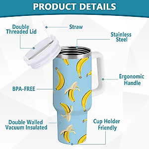 Light Blue Banana 40 oz Tumbler with Handle and Straw Insulated Reusable Leak-proof Travel Coffee Mug Cup with Lid Thermal Stainless Steel Water Bottle for Coffee Iced Tea