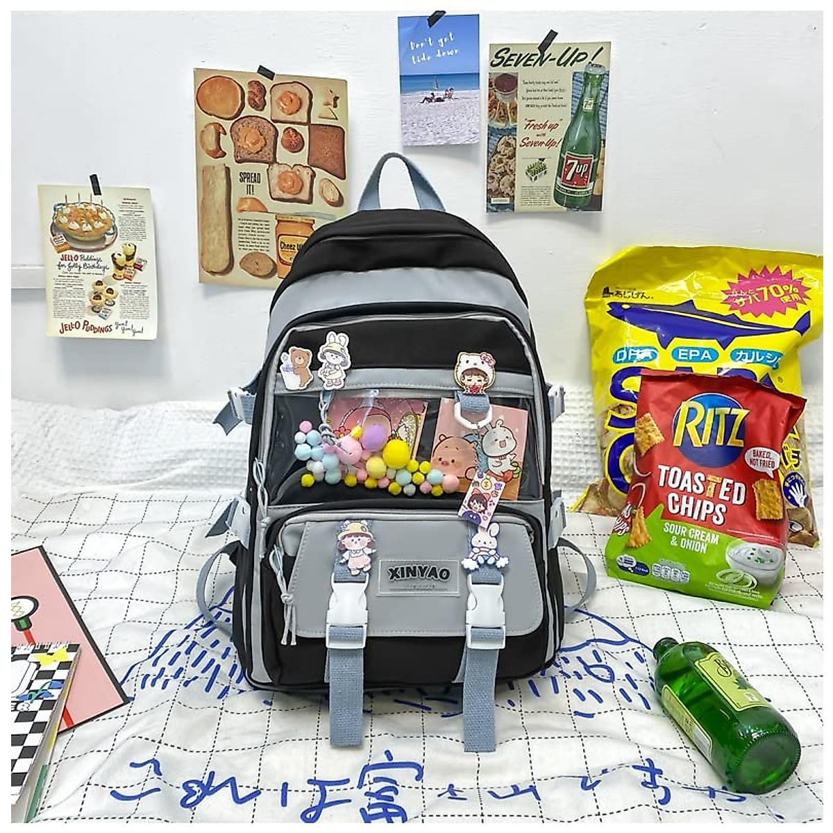 vfdgsaz Cute Kawaii Backpack with cute card plush pendant,Lovely Pastel Rucksack,Aesthetic backpack for girls and teens (black,one size)