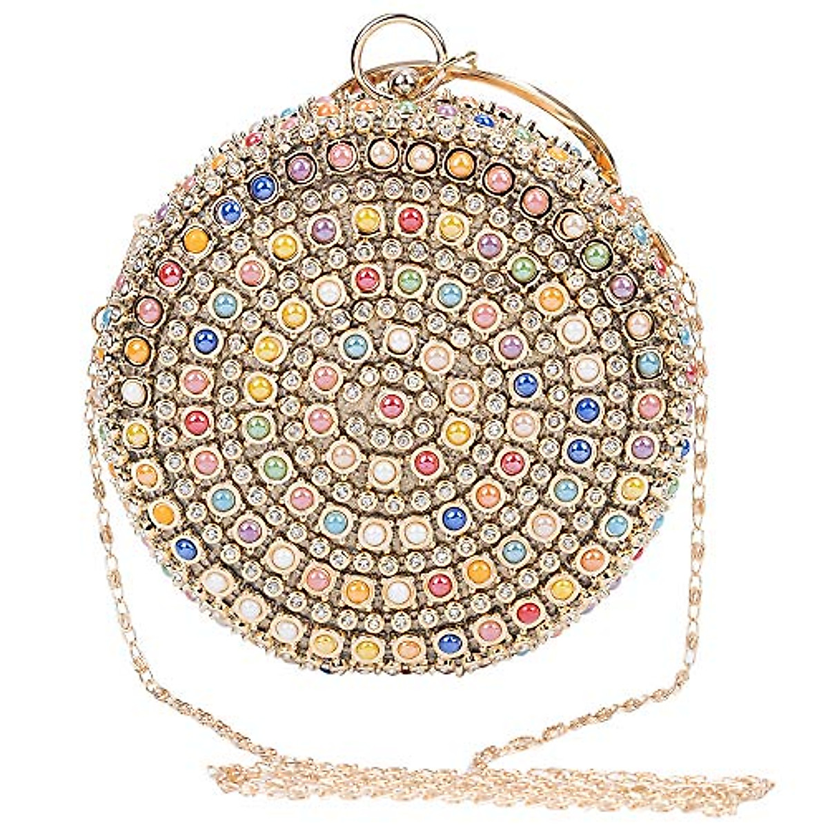WPKLTMZ Women Evening Bag Round Rhinestone Crystal Clutch Purse Ring Handle Handbag for Wedding Prom Party (Colorful)